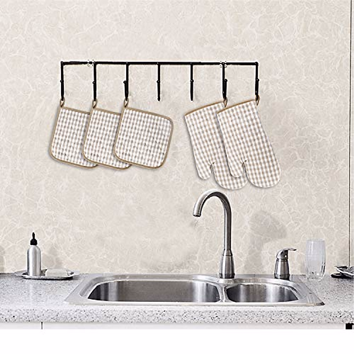 Oven Mitts and Pot Holders, 5 pcs Heat Resistant Cotton Vintage Gingham Oven Mitts and Potholders Hot Pads Mats Coasters Set for Cooking Baking (Light Brown Set)