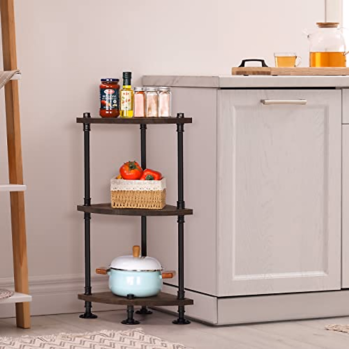 3 Tier Corner Shelf Stand Wood Corner Display Rack Small Industrial Corner Standing Storage Shelf Bookshelf Plant Stand for Small Space Bedroom Living Room Kitchen Brown