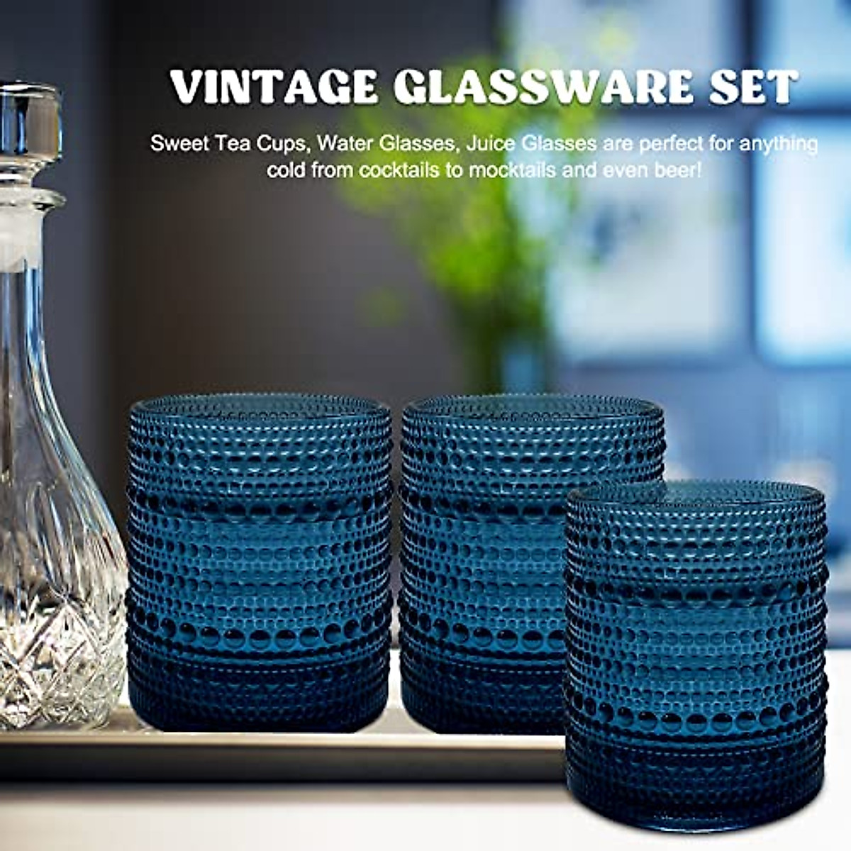 UPZAI 12oz Vintage Drinking Glasses Set of 4, Kitchen Glassware Old Fashioned Glass Cups, Aesthetic Water Cups for Beside Beverage Juice Coffee Beer Cocktail Whiskey (Blue)
