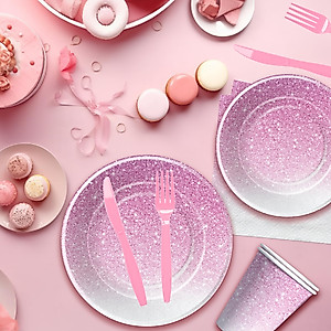 Xenorik Ombre Pink Party Decorations Tableware, Gradient Pastel Pink Party Supplies, Plate, Cup, Napkin, Cutlery, Light Pink Sprinkle Wedding Birthday Anniversary Decorations for Girl Woman | Serve 24