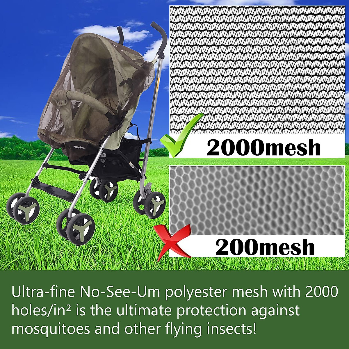 No-See-Ums Mosquito Net for Stroller Finest Holes Mesh 2000 Universal Size Stroller Bug Net, No Harmful Chemicals and Breathable for Stroller, Playpen & Car Seat Available in Grey or Coffee