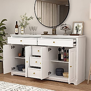 Homsee Modern Sideboard Kitchen Buffet Cabinet with 4 Doors, 5 Drawers & 4 Storage Compartments, Wood Console Table TV Stand for Living Room, White (59.1”W x 15.7”D x 33.5”H)