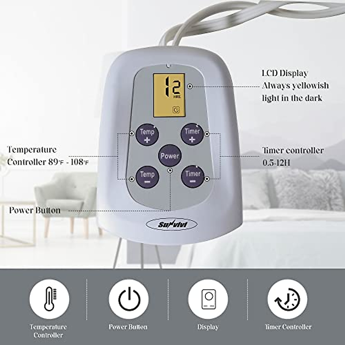 Sunvivi Heated Electric Blanket Queen Size with Dual Control, 5 Years Warranty, 10 Heat Settings, 12 Hours Auto Off, Machine Washable, ETL Certified, Overheating Protection, Grey