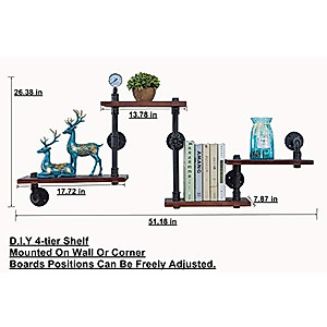 DOFURNILIM Industrial Rustic Wall Wood Pipe Ladder Floating Shelves - DIY Modern Storage Shelving Bookshelf for Bathroom Kitchen Office Home – Steampunk Bookcase (Floating Ladder shelves-51.18“W)