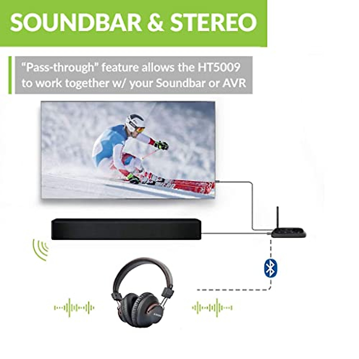 Avantree HT5009 & HS102, Bundle - Wireless Over-Ear Headphones for TV with Bluetooth Transmitter, No Audio Delay, Longe Range & Metal Headphone Stand Hanger wih Cable Storage Tray, Soft Silicone Skin
