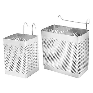 CALLARON 2Pcs Kitchen Utensils Holder Silverware Drying Rack Stainless Steel Chopstick Holder Forks Spoons Flatware Caddie Basket Organizer Drainer with Hook