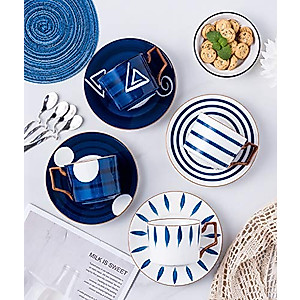 Jusalpha Japanese style hand printed- 7oz Fine China Tea Cup/Coffee Cup With Spoon and Tray/Saucer Set, Tableware, Serve of 4, TCS25