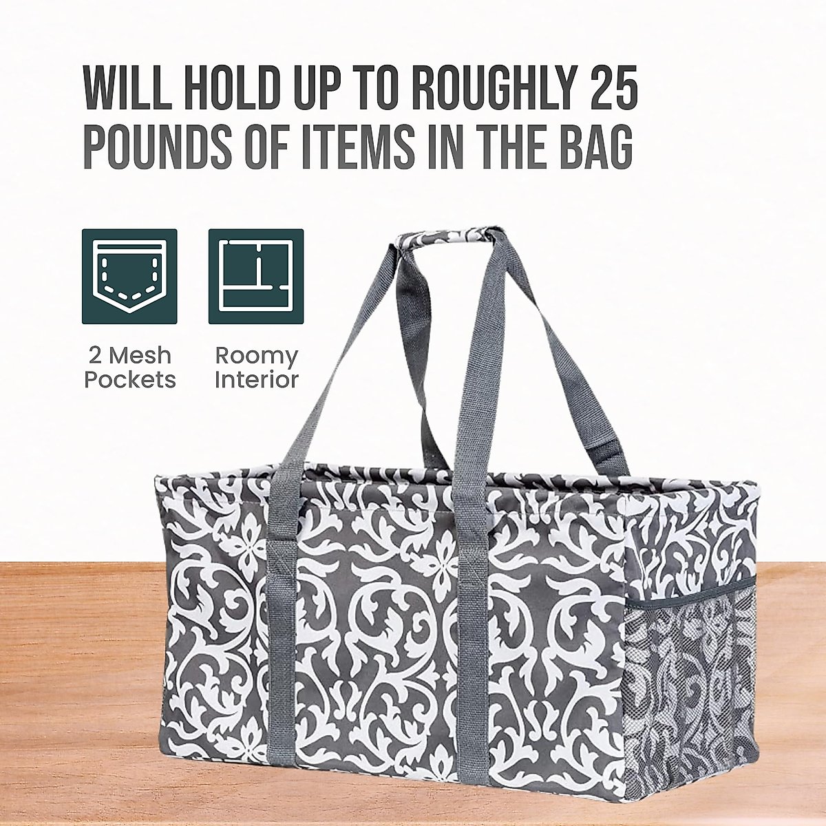 Lucazzi Extra Large Utility Tote Bag - Oversized Collapsible Reusable Wire Frame Rectangular Canvas Basket With Two Exterior Pockets For Beach, Pool, Laundry, Car Trunk, Storage - Gray Elephant