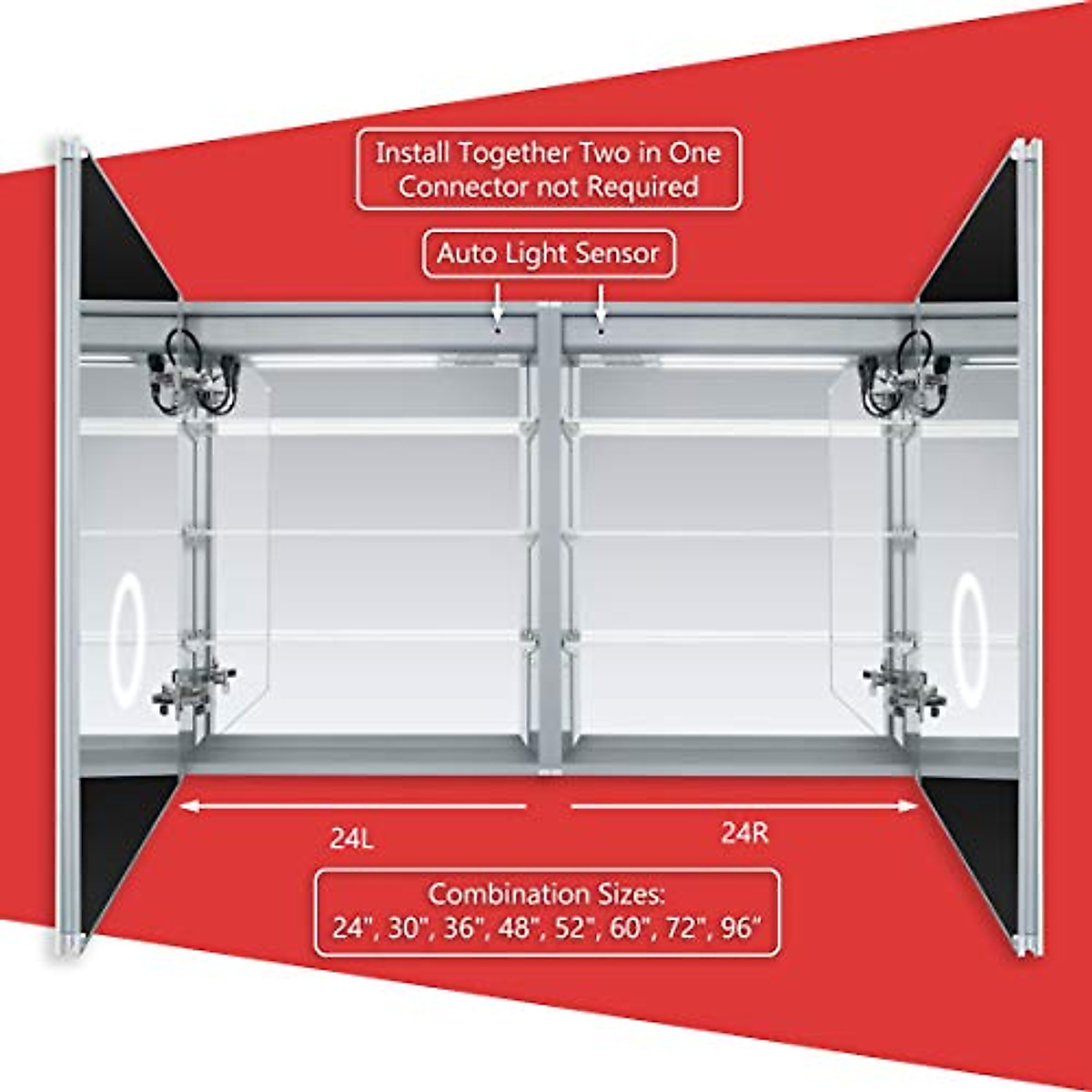 DECADOM LED Mirror Medicine Cabinet Recessed or Surface, Defogger, Dimmer, Clock, Room Temp Display, Makeup Mirror 3X, Outlets & USBs (RUBiNi 24x32/R)