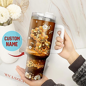 WAZONE Personalized Kind Words Are Like Honey Bee Tumbler Sayings Motivational Customized Name Tumbler 40oz with Handle and Straw Stainless Steel Travel Mug Ideas Gifts Things for Animal Lovers