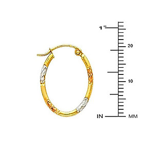14k REAL Tri Color Gold 1.5mm Thickness Tube Oval Hoop Earrings (20 x 15 mm)