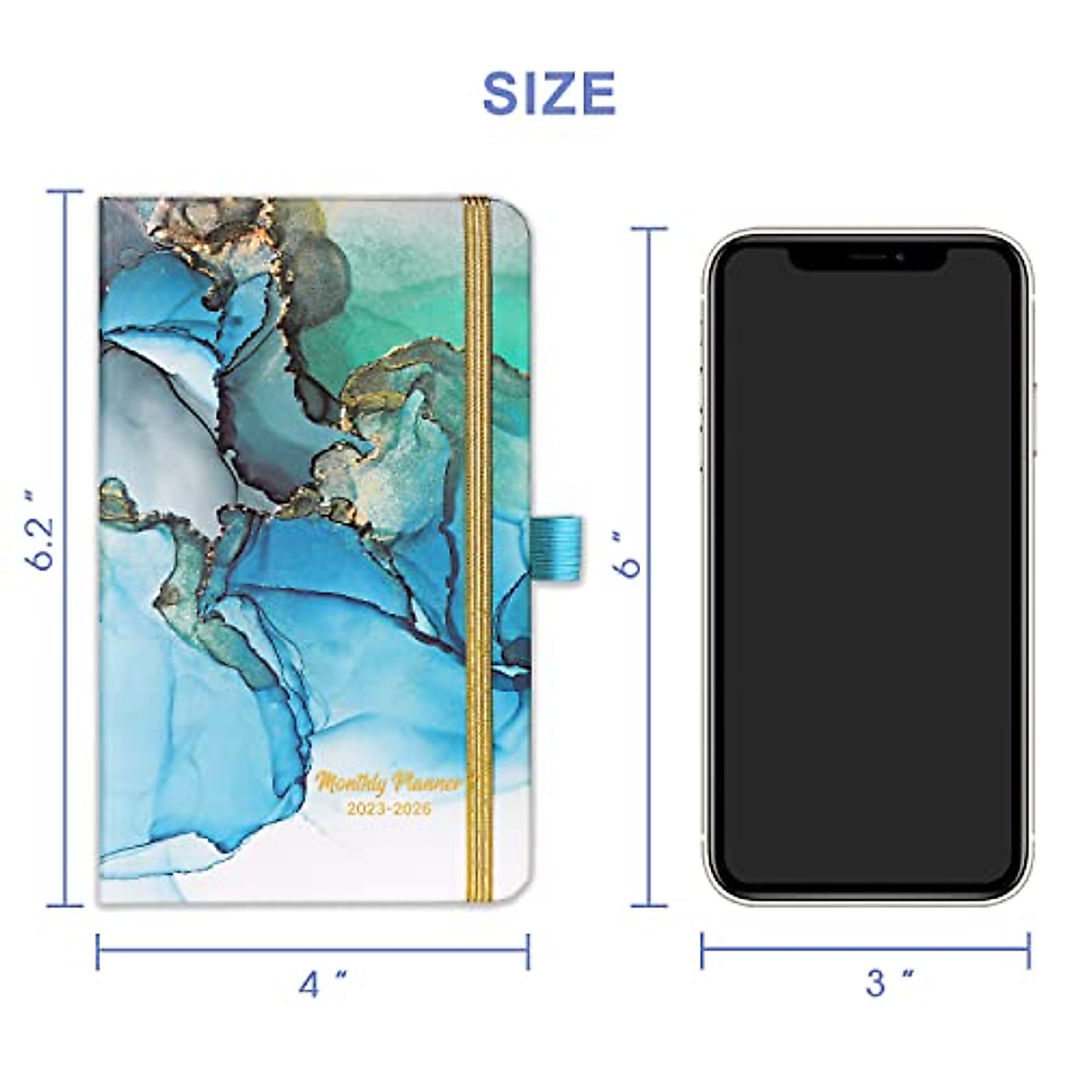 Pocket Planner/Calendar 2023-2026 - Monthly Pocket Planner/Calendar with 63 Notes Pages, Jul. 2023 - Jun. 2026, 3.8" x 6.4", 3 Year Monthly Planner with Inner Pocket + Pen Hold - Teal Waterink