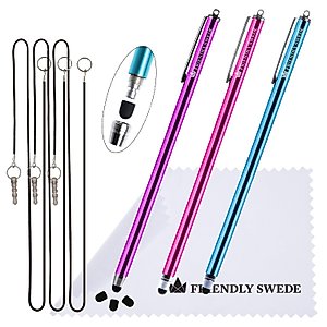 The Friendly Swede Extra Long Stylus Pen for Touchscreen — Set of 3 Thin-Tip High Precision Capacitive 7.3" Stylus Pens; Incl. Elastic Lanyards, 3 Replaceable Tips & Cleaning Cloth - Pink/Purple/Blue
