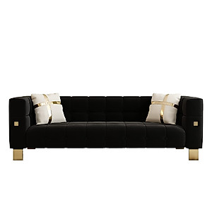 Hommoo Mid Century Modern Sofa for Living Room Velvet Sofa Small Couch for Small Space Chesterfield Sofa Couch with Gold Legs for Apartment Bedroom Office with Pillows 89" Set of 2 Black