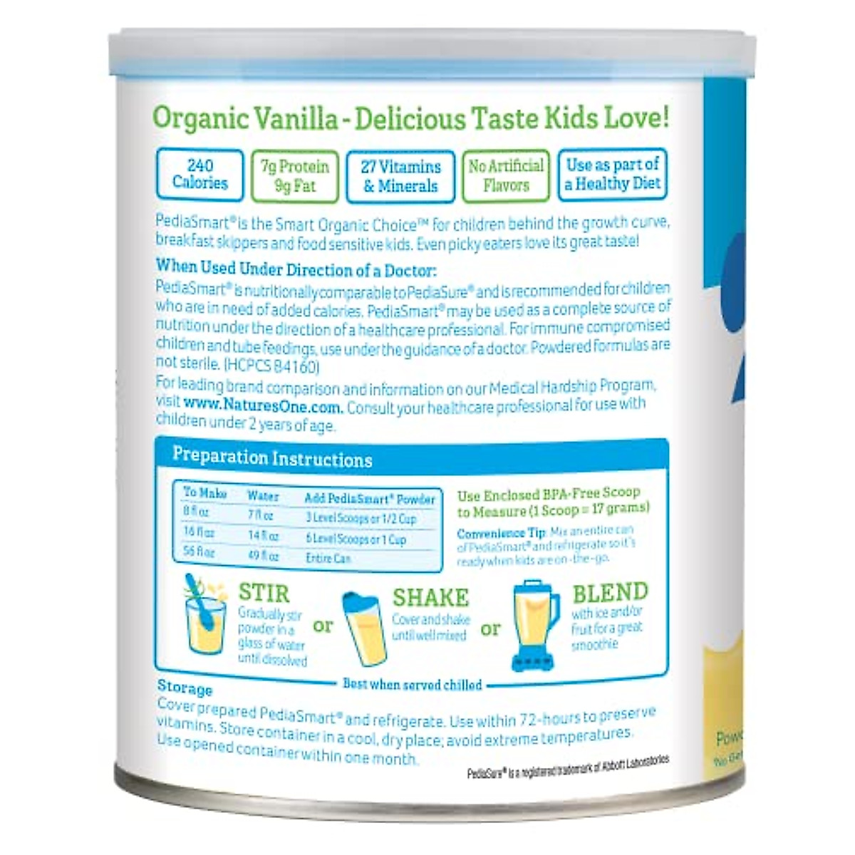 PediaSmart Dairy Vanilla Complete Nutrition Beverage Powder Mix, 12.7 Oz (Pack of 1) | | USDA Organic | Clean Label Project Verified