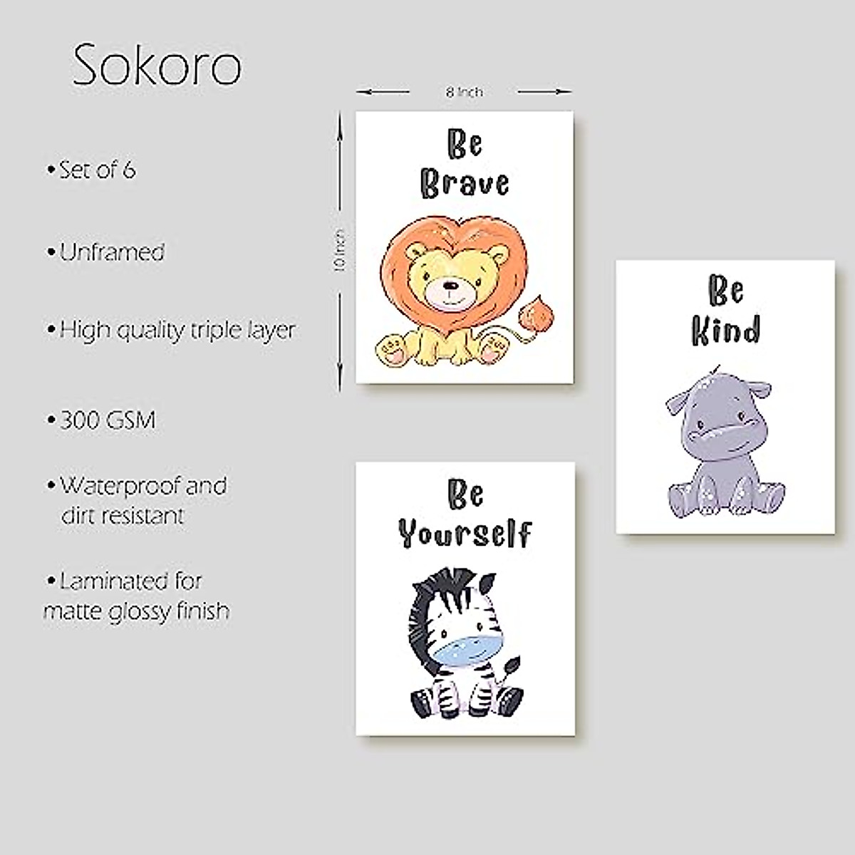 Safari Nursery Decor for Baby Boys Newborn, Set of 6 Unframed 8x10 Inch Jungle Themed Neutral Prints for Baby Room Classroom Birthday Wall Decor, Extra Thick Motivational Quotes Poster Made to Last