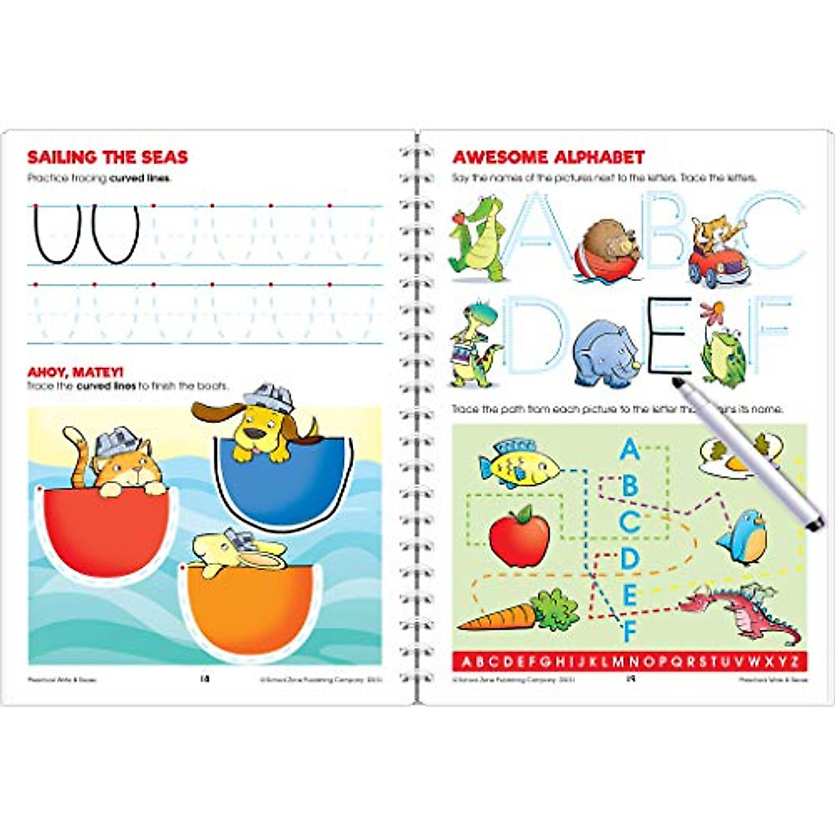 School Zone Write & Reuse Workbook for Preschool: Reusable Wipe-Clean Spiral Bound Learn and Practice Writing Book, Dry Erase Marker, ABC’s, Shapes, and More