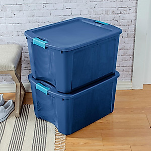 Sterilite 18 Gal Latch and Carry, Stackable Storage Bin with Latching Lid, Plastic Tote Container to Organize Closets, Blue with Blue Lid, 6-Pack