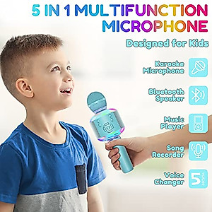 Wireless Bluetooth Karaoke Microphone with Controllable LED Lights, 5-in-1 Portable Mic Speaker Player Recorder, Great Toys Birthday Gifts for 3 4 5 6 7 8 Years Old Girls Boys (Blue)
