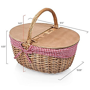 PICNIC TIME - Country Vintage Picnic Basket with Lid - Wicker Picnic Basket for 2, (Red & White Gingham Pattern)