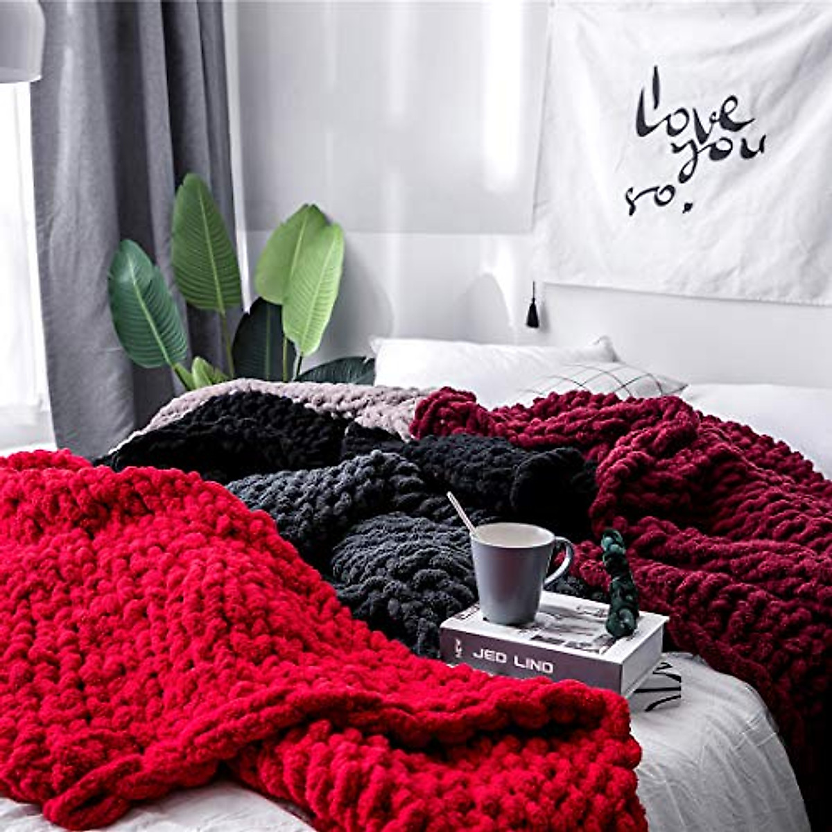 vctops Boho Chenille Chunky Knit Throw Blanket Super Soft Warm Cozy Hand Knit Blankets for Couch Bed Sofa Chair (Red,31"x39")