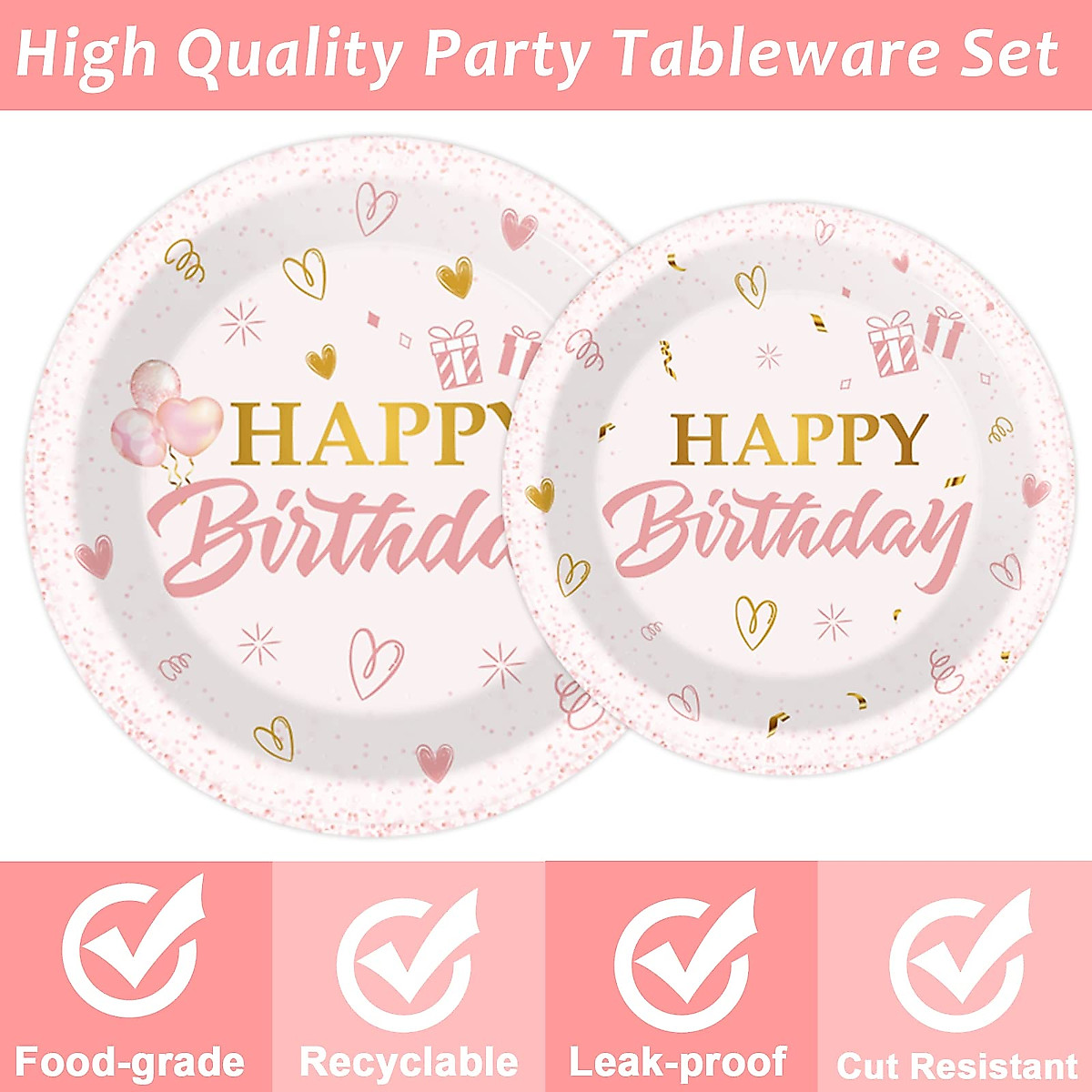 96 Pieces Pink Birthday Tableware Set for Pink Rose Gold Birthday Table Decorations Supplies Birthday Dessert Plates Napkins Forks Women Birthday Disposable Party Favors 24 Guests