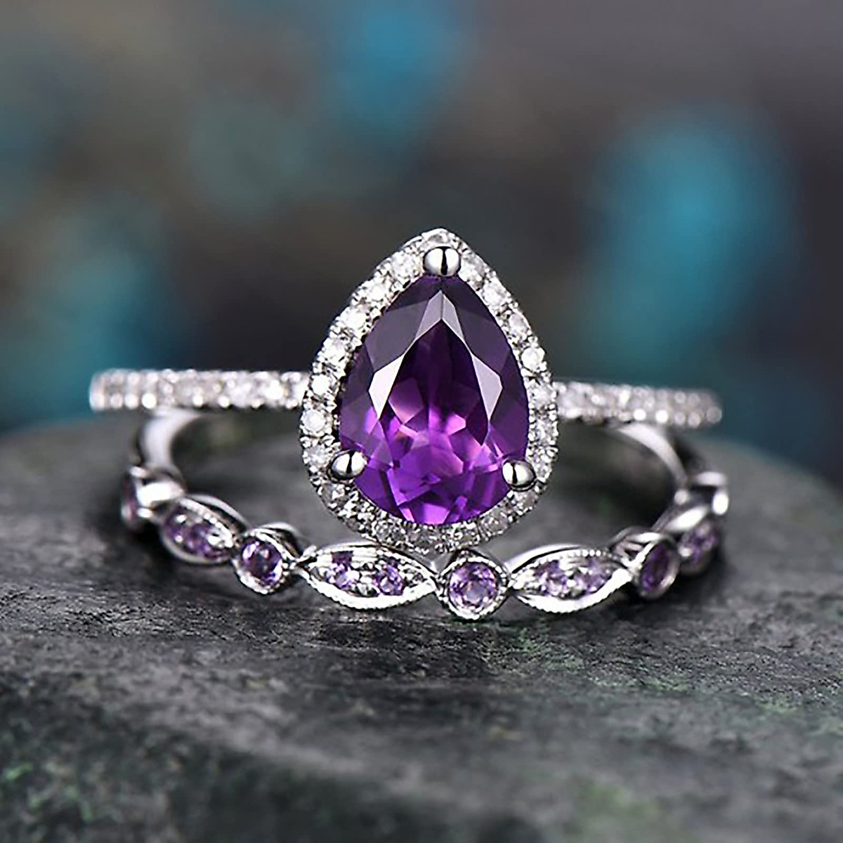 2023 New Shining Amethyst Ring Tear Drop Shape Cubic Zirconia Promise Rings Set Teardrop Ring Engagement Wedding Band Ring Sets Ring Womens (Purple, 7)