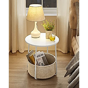 VASAGLE Small Round Side End Table, Modern Nightstand with Fabric Basket, Classic White, Sand Beige, 1 Count
