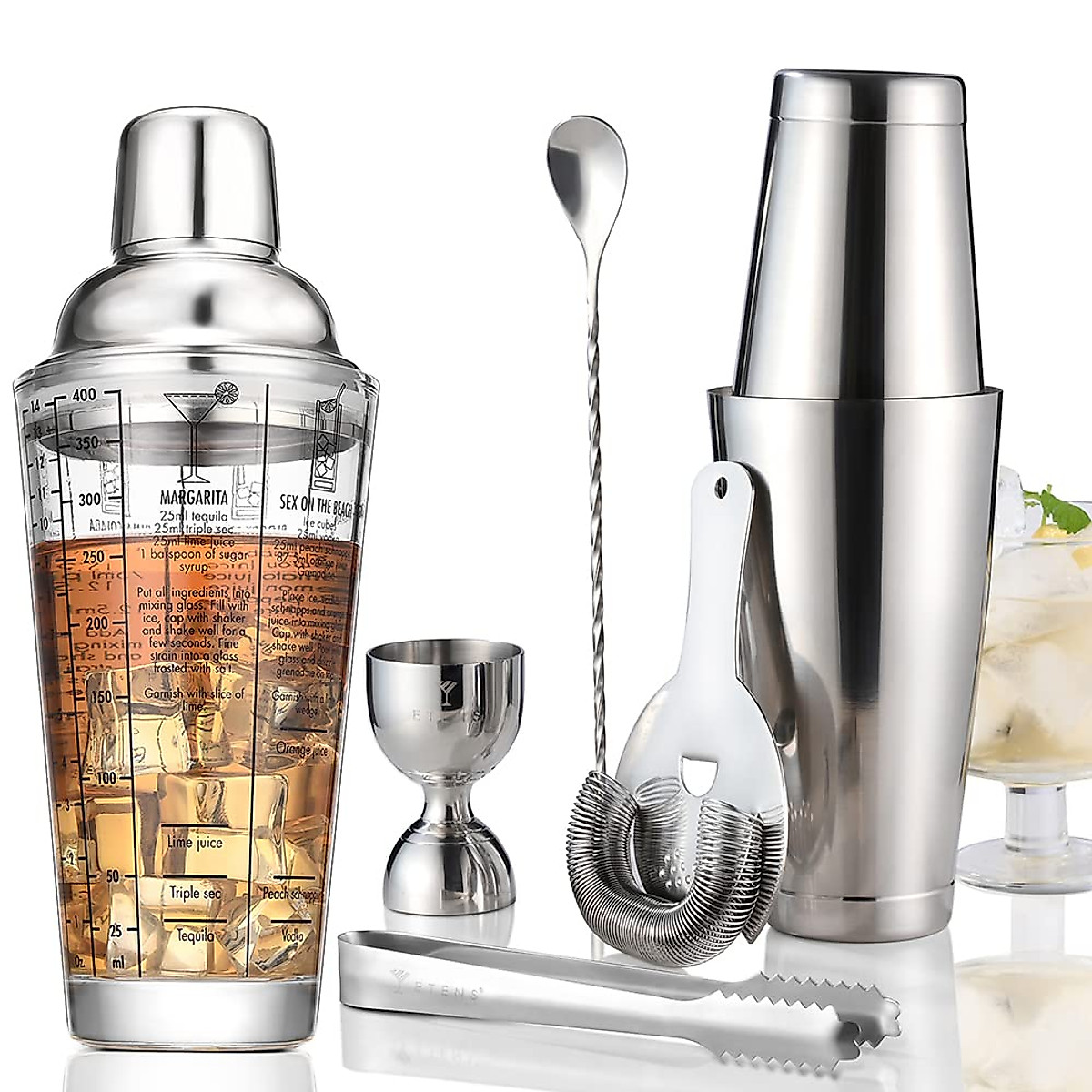 Etens Glass Cocktail Shaker and Boston Shaker Set Bundle - 14oz Clear Drink Shaker with Printed Recipes on Side/Professinal Bartender Shaker Set with Boston Shaking Tins
