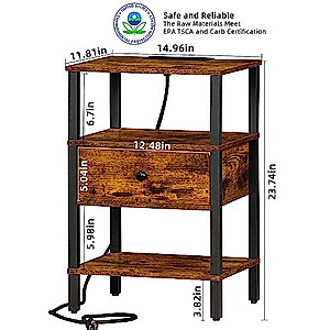 Lerliuo Nightstand with Charging Station and USB Ports, 3-Tier Storage End Table with Drawer Shelf, Night Stand for Small Spaces, Wood Bedside Table for Living Room, Bedroom - Retro Brown