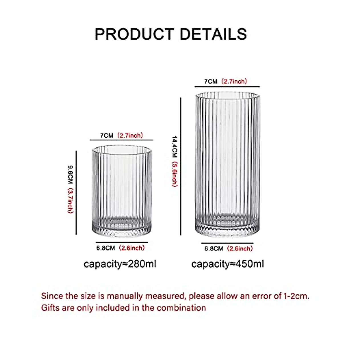 INSETLAN Glass Cups Vintage Glassware Set of 4 Large, Origami Style Transparent Cocktail Glasses Set, Bar Beverages Ice Coffee Cup Juice Ripple Drinkware, 450ml (L)