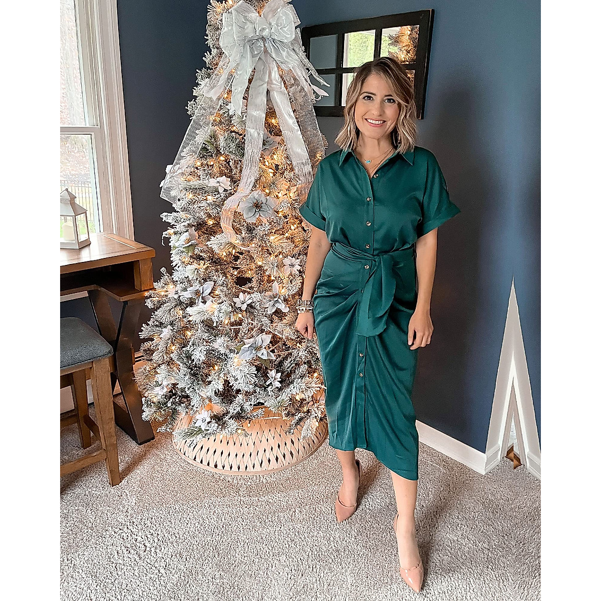 BTFBM Women 2024 Button Down Ruched Shirt Dresses Short Sleeve Lapel V Neck Elegant Party Spring Summer Maxi Satin Dress(Short Sleeve Dark Green, Large)