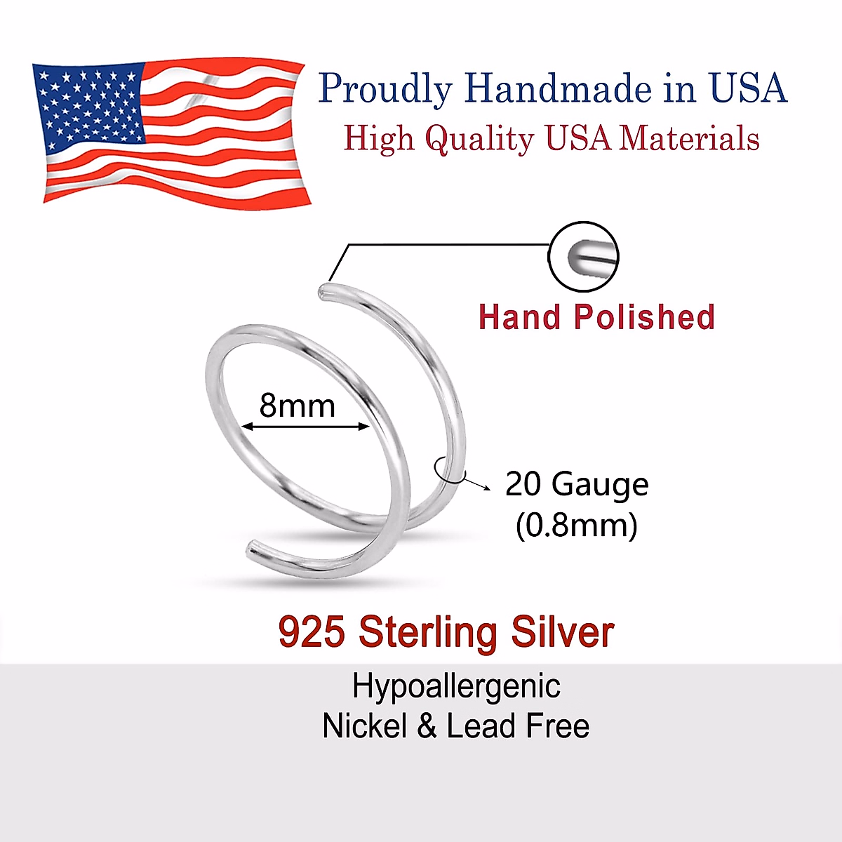 Double Nose Ring Hoop for Single Piercing, 14k Gold Filled or Sterling Silver Spiral Twist Nose Hoop for Women Girls (Silver -20g, Left Side-8mm)