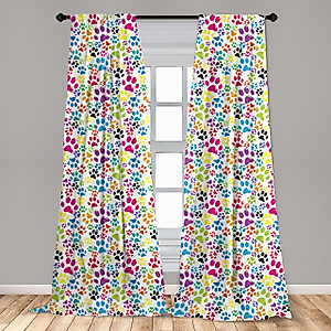 Ambesonne Dog Window Curtains, Colorful Little Paws Steps Art Cartoon Unusual Traces Design, Lightweight Decor 2-Panel Set with Rod Pocket, Pair of - 28" x 84", Purple Blue