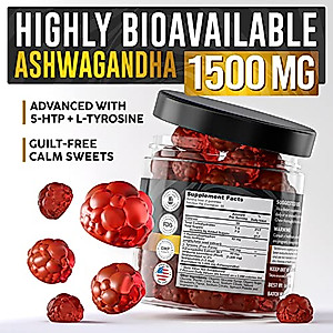 NOBLE NUTRITION Ashwagandha Gummies for Women & Men - Organic Ashwagandha Root Extract 1500 MG - Ashwagandha Supplements with 5-HTP & L-Tyrosine - 60 Calm Gummies