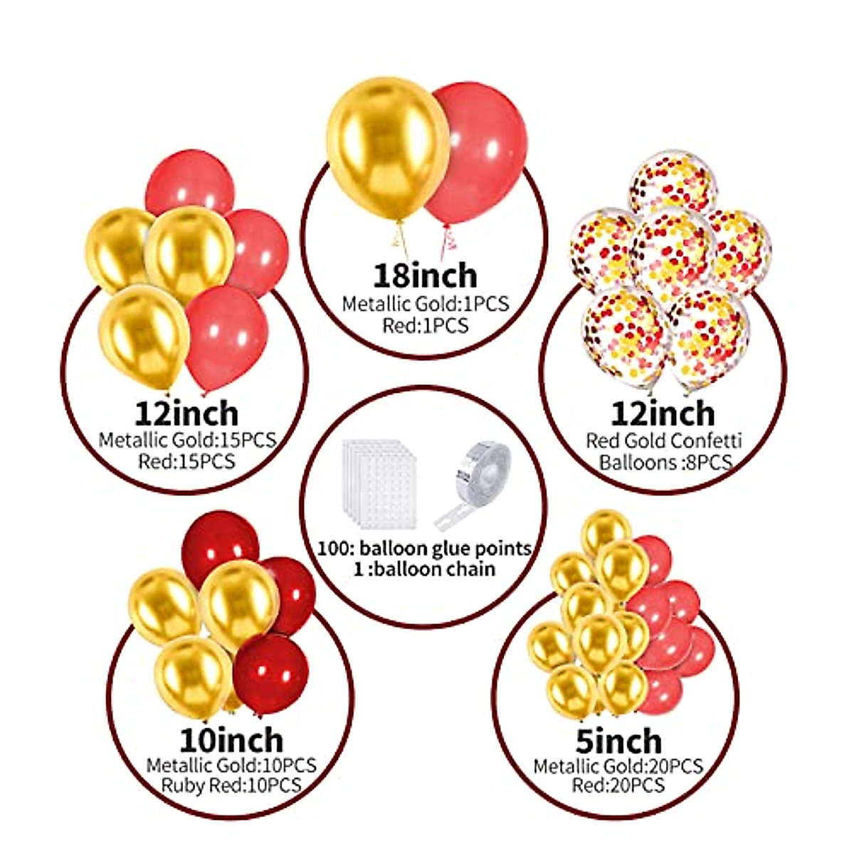 Red Gold Balloon Garland Arch Kit -100pcs 18Inch 12Inch 10Inch 5Inch with Red Metallic Chrome Gold and Red Gold Confetti Balloons for Christmas Holiday Candy Theme Xmas Birthday Decorations