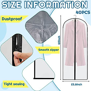 40 Pieces Garment Bags for Hanging Clothes with Zipper Hanging Garment Bags Dress Bags for Gowns Long Storage Plastic Suit Cover Bags for Coat Protector Travel Closet Clothing (24 x 60 Inch)