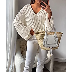 MISSACTIVER Women’s Oversized Long Sleeve Sweater Sexy V Neck Off Shoulder Knit Solid Drop Shoulder Shirt Pullover Sweaters(Small,Beige)