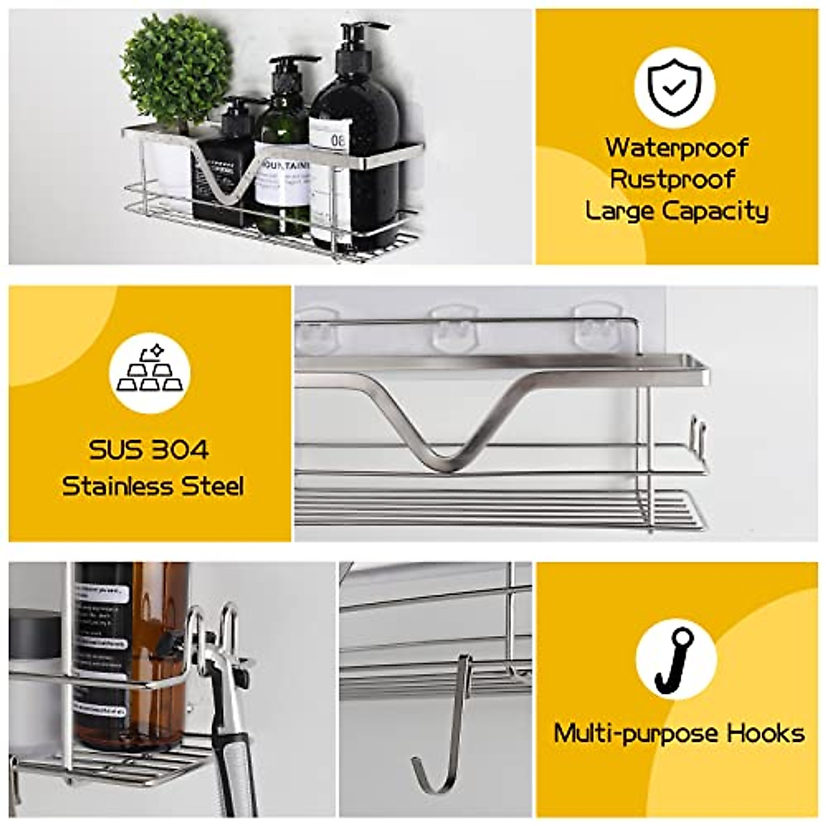 SIXDOVE Shower Caddies 2 PACK - No Drilling Adhesive Shower Organizer with Hooks, Rustproof SUS304 Stainless Steel Bathroom Shower Shelf, Shower Rack Large Shower Holder & Kitchen Storage (Silver)