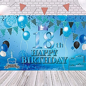Happy 18th Birthday Backdrop Banner Blue 18th Sign Poster 18 Birthday Party Supplies for Anniversary Photo Booth Photography Background Birthday Party Decorations, 72.8 x 43.3 Inch