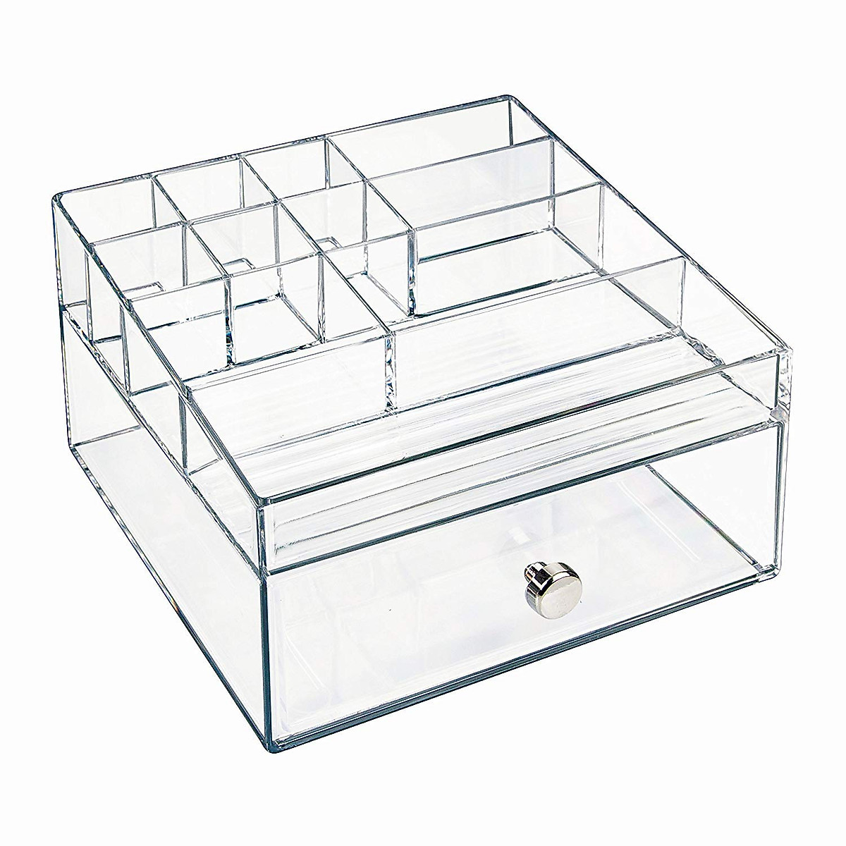 InterDesign Drawers Caja con compartimentos | Caja de maquillaje con 1 cajón y 11 compartimentos | Organizador de maquillaje o artículos de oficina | Plástico transparente