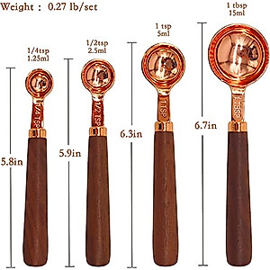 Stainless Steel Measuring Spoons, Long Wooden Handle Coffee Scoop, Kitchen Utensil for Fitting in Spice Jars, Scooping, Measuring & Serving, Tablespoon, Rose Gold Tea Spoon, Set of 4