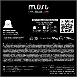 MUST, 100 Coffee Capsules in 100% Recyclable Aluminum, Cremoso Blend Intensity 6/8, 10 Packs of 10 Capsules, Compatible with Nespresso Machine, Made in Italy