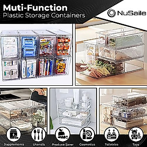 NuSaile Stackable Refrigerator Organizer Bins Pull Out Drawers with Handles - Vegetable and Fruit Storage Containers for Fridge - Kitchen Food Storage Bins - 9L+6L with Dividers+3L+3L (4 PC Set)