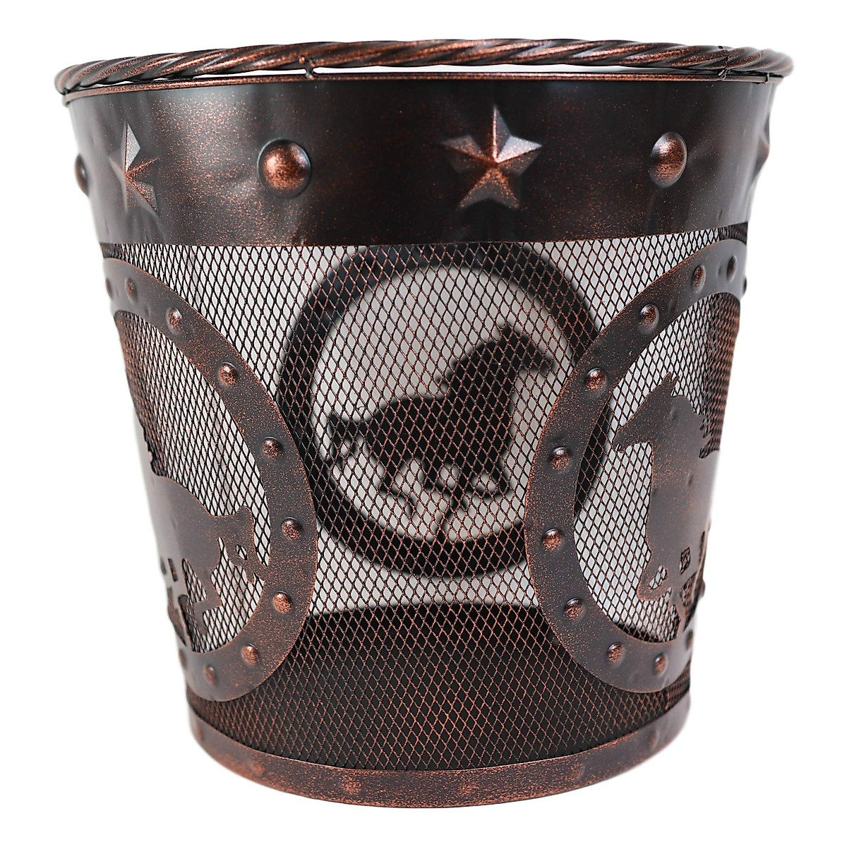 Ebros Rustic Western Galloping Horses with Raised Studs Stars and Braided Metal Rope Trim Wire Waste Basket Bin 12.75" Wide Home and Bathroom Accent Country Farmhouse Cowboy Decorative Trash Can