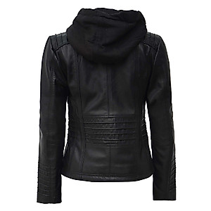 fjackets Womens Leather Jacket - Womens Real Black Leather Bomber Jacket Women With Removable Hood - Hln Black | [1313775] XL