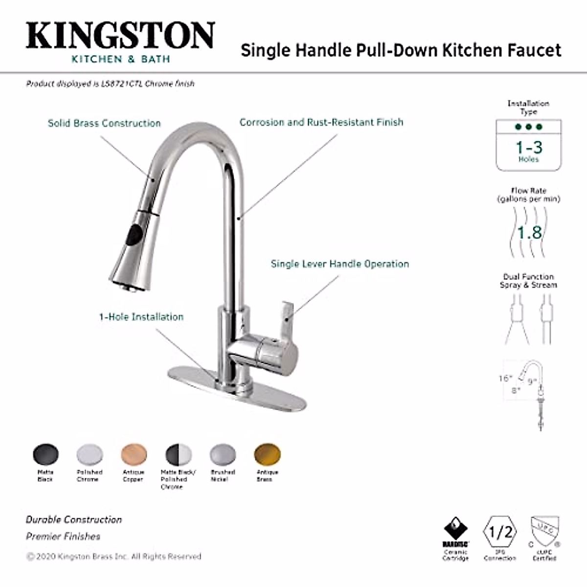 Kingston Brass LS8720CTL Continental Single-Handle Pull-Down Kitchen Faucet, Matte Black