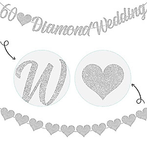 60th Anniversary Decorations, 60th Diamond Wedding Glitter Banners, 60th Anniversary Bunting Flag and Balloons for Anniversary Party Supplies