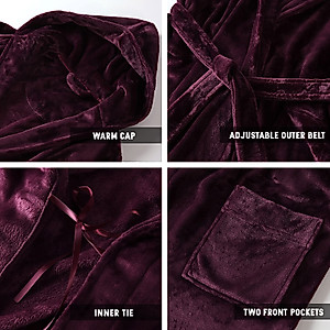 Hellomamma Long Hooded Robe for Women Luxurious Flannel Fleece Full Length Bathrobe Winter Warm Pajamas Shower Nightgown Wine Red X-Large