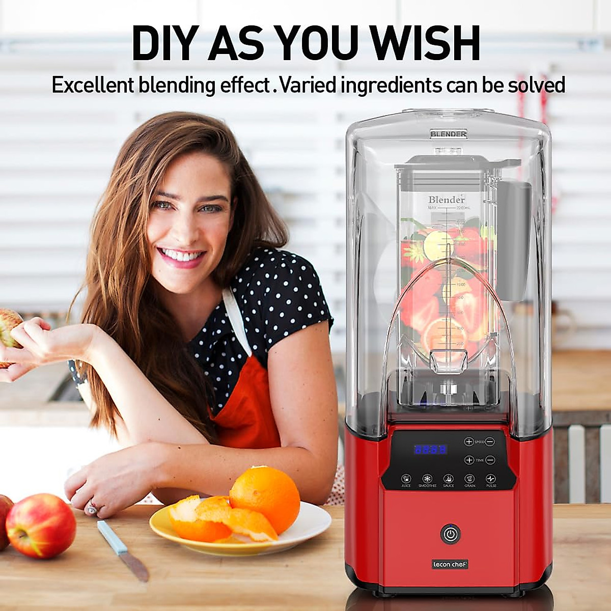 Lecon Chef Commercial Quiet Shield Blender 2200W Professional Industrial Blenders Red 2.2L/ 74oz BPA-Free Pitcher for Ice Crushing, Shakes and Smoothies for Kitchen